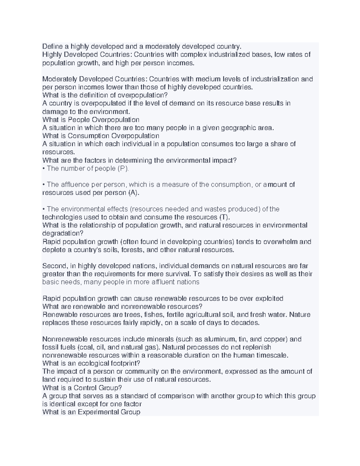 Global Chapter 1 study - Define a highly developed and a moderately ...