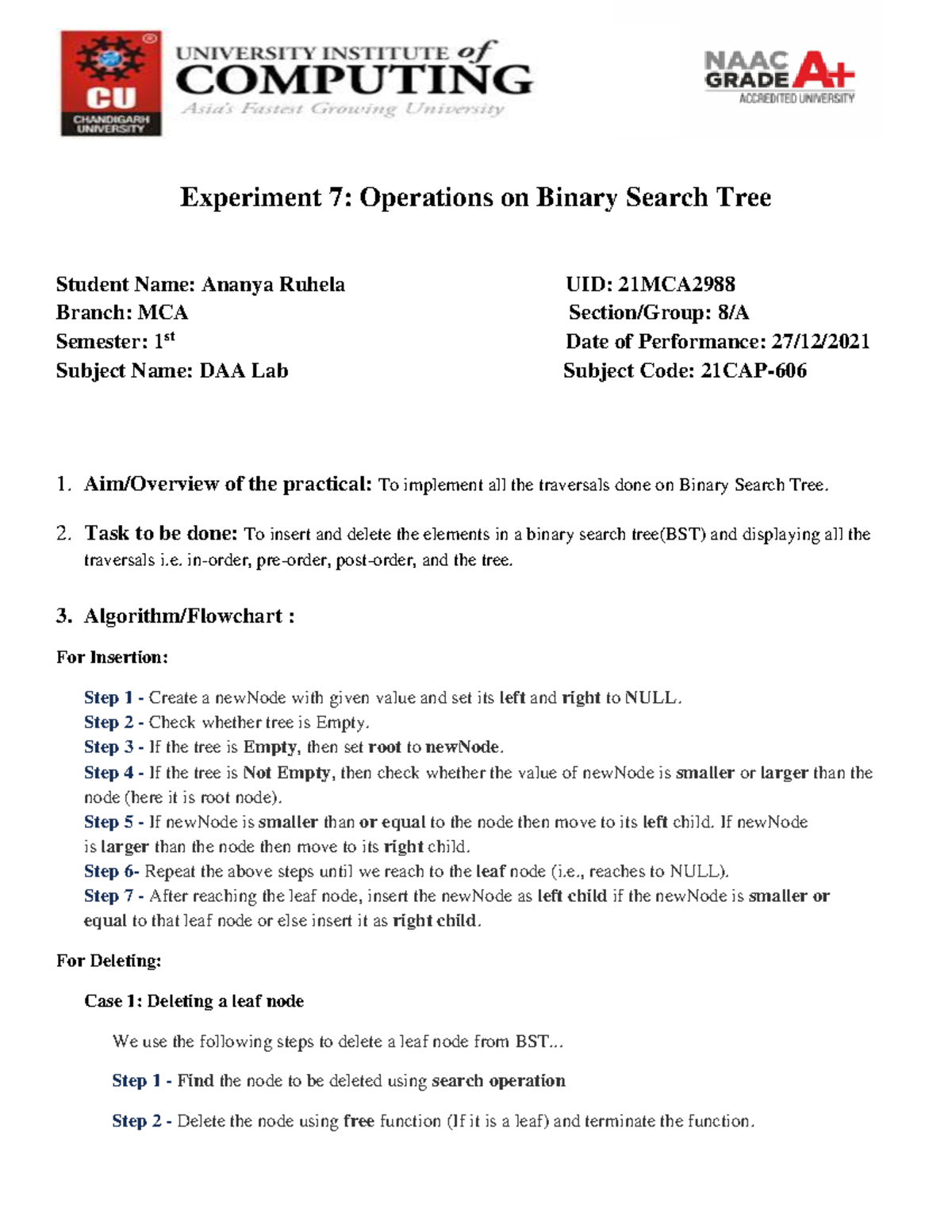 DAA worksheet 2 Binay search tree - Experiment 7: Operations on Binary ...