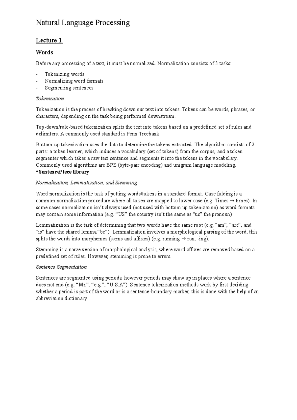 Nlp Notes Natural Language Processing Lecture 1 Words Before Any Processing Of A Text It Must