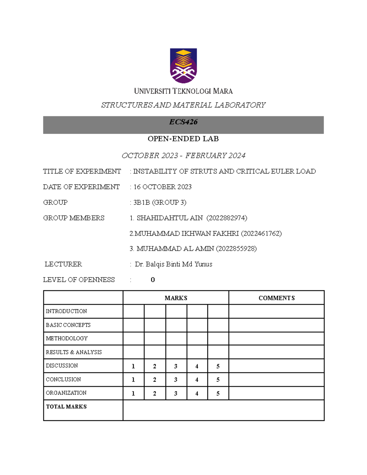 LAB 3 Instability OF Struts AND Critical Euler LOAD (Group 3 ...