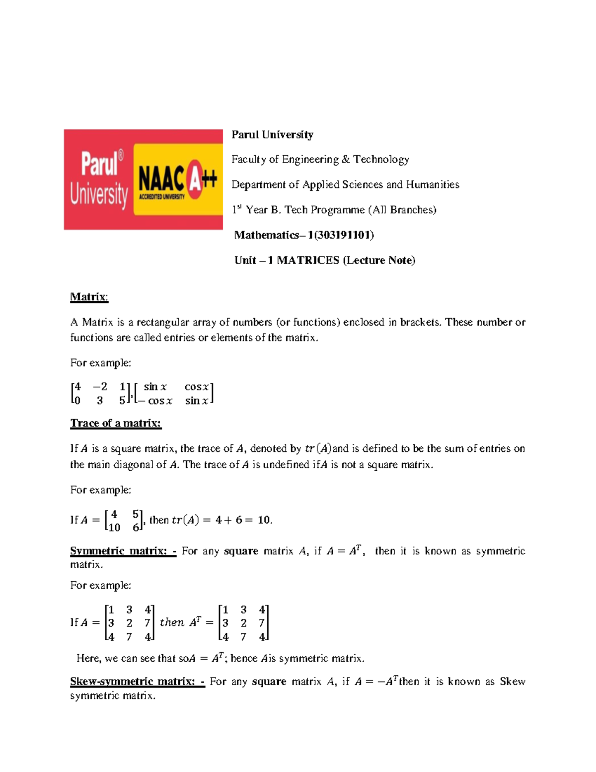 Unit-3 Matrices - Best ppt in the World - Parul University Faculty of ...