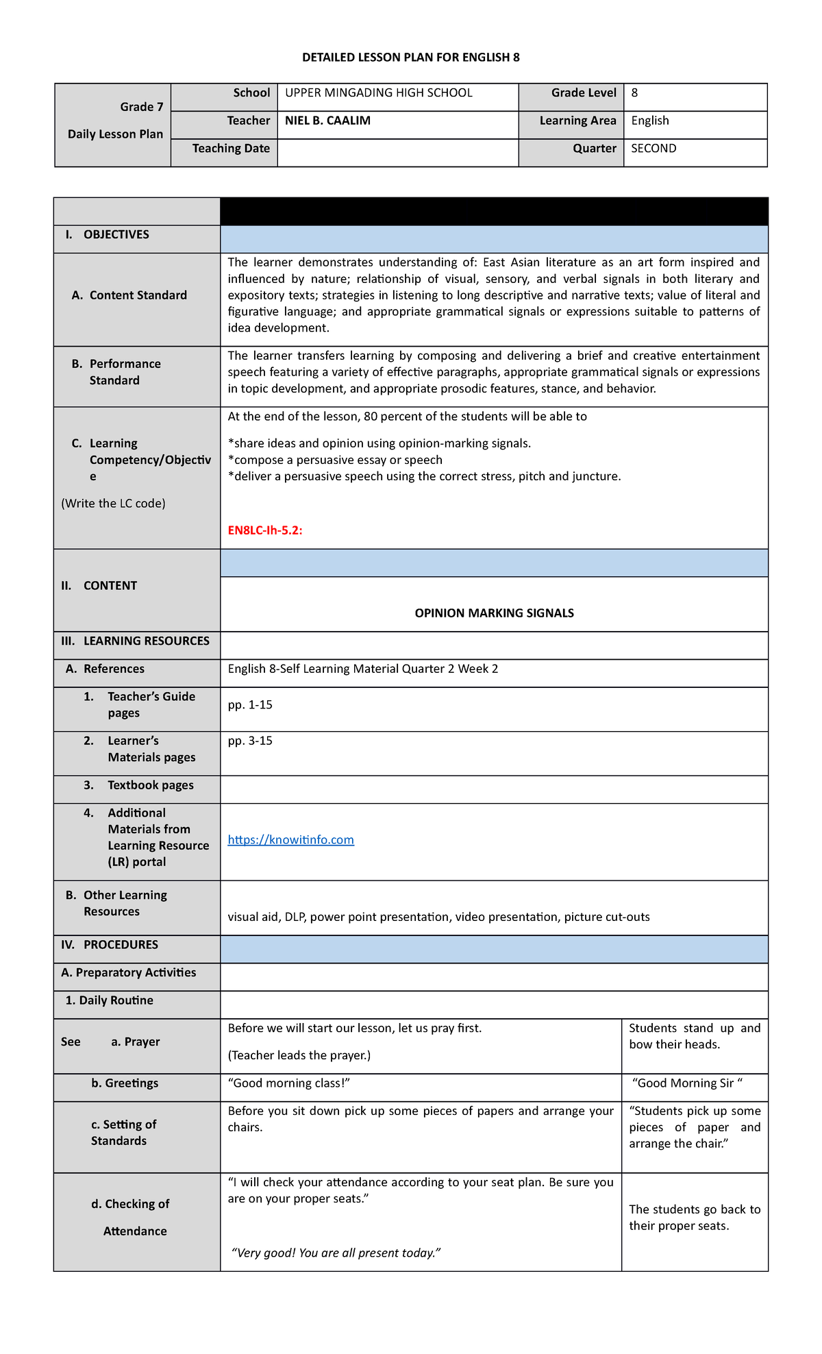 Detailed Lesson PLAN FOR English - DETAILED LESSON PLAN FOR ENGLISH 8 ...