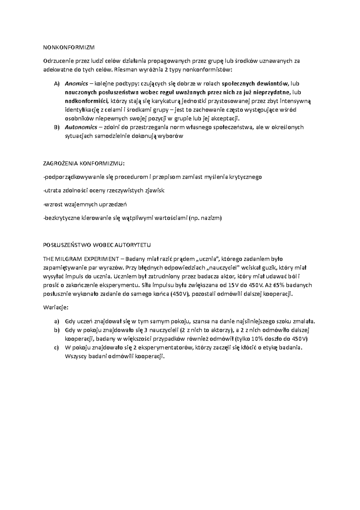 konformizm notatka - NONKONFORMIZM Odrzucenie przez ludzi celów działania propagowanych przez ...