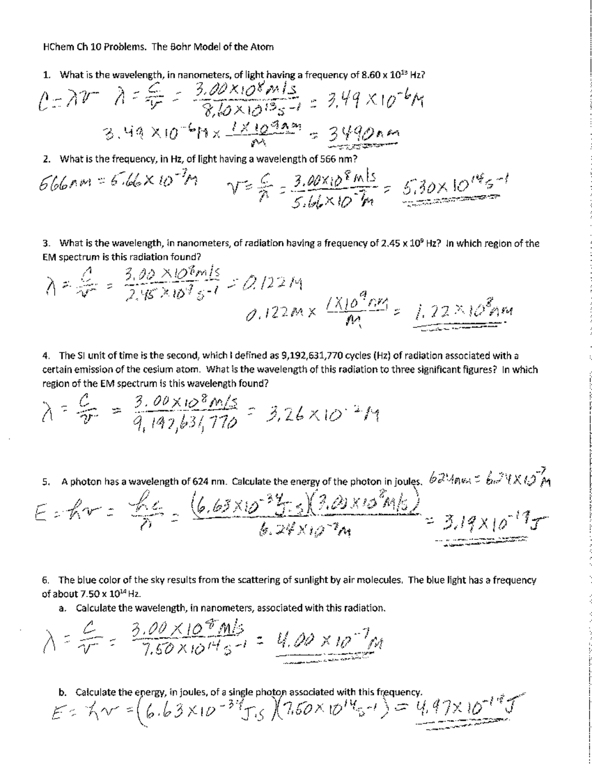 Ch 10 Bohr Model Problems answers - HChem Ch 10 Problems. The Bohr ...