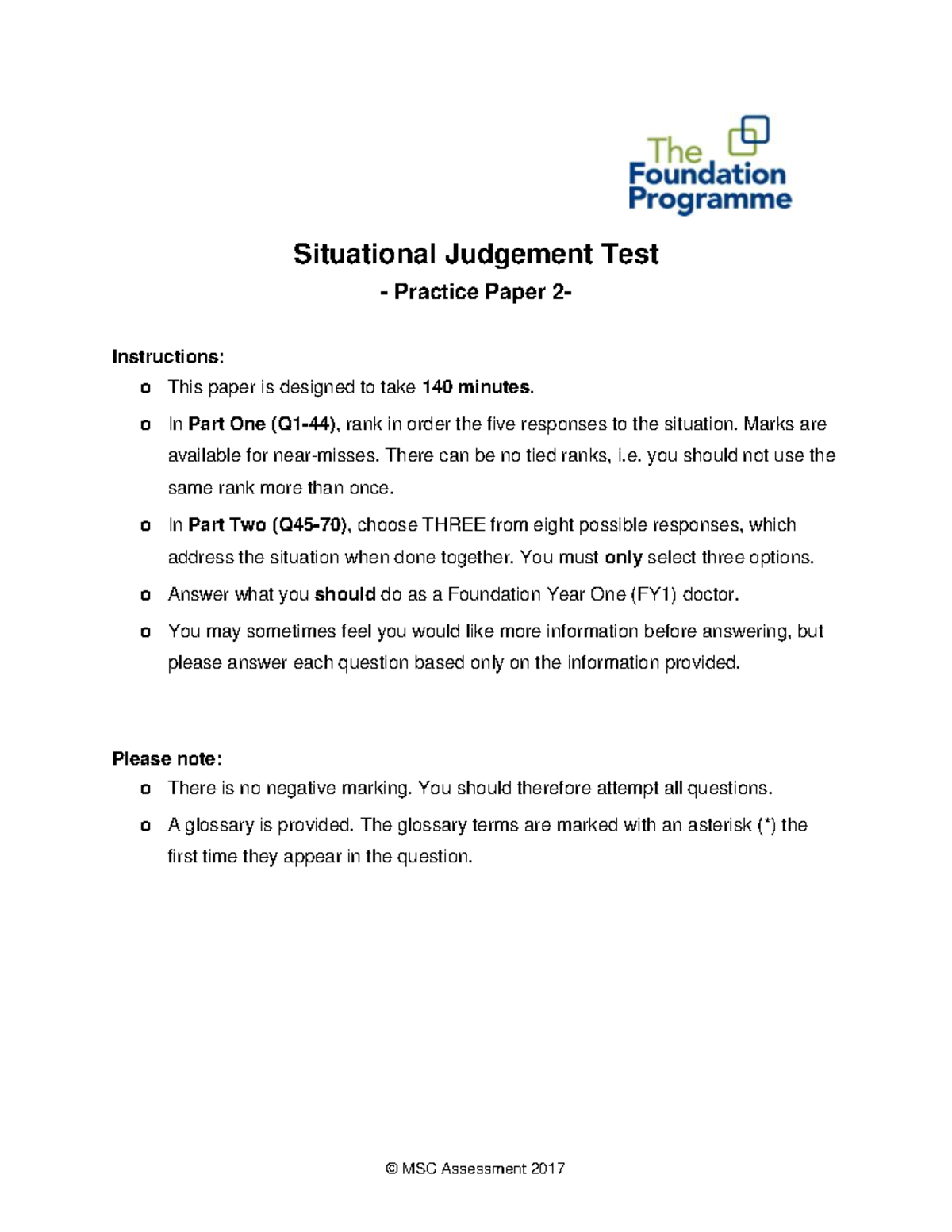 SJT Practice Paper 2 - Situational Judgement Test - Practice Paper 2 ...