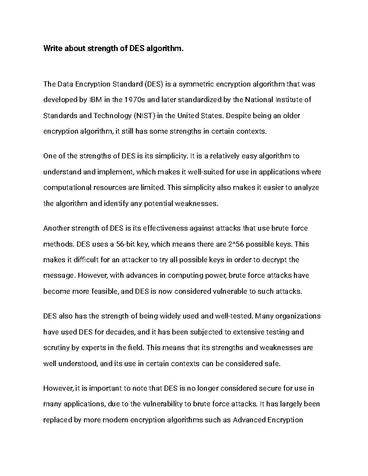 Write about strength of DES algorithm - The Data Encryption Standard ...