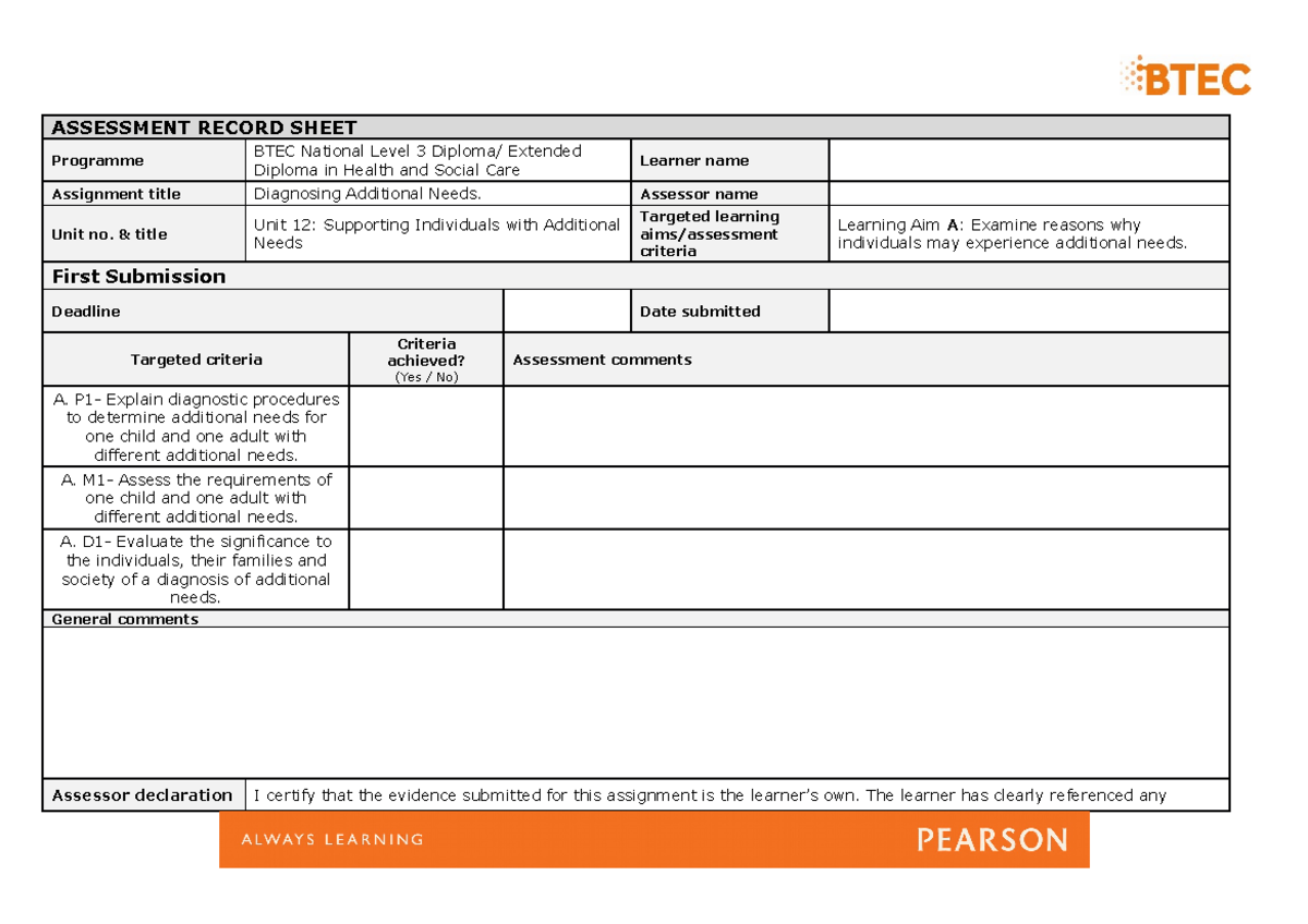 Unit 12 assessment record 1 - ASSESSMENT RECORD SHEET Programme BTEC ...