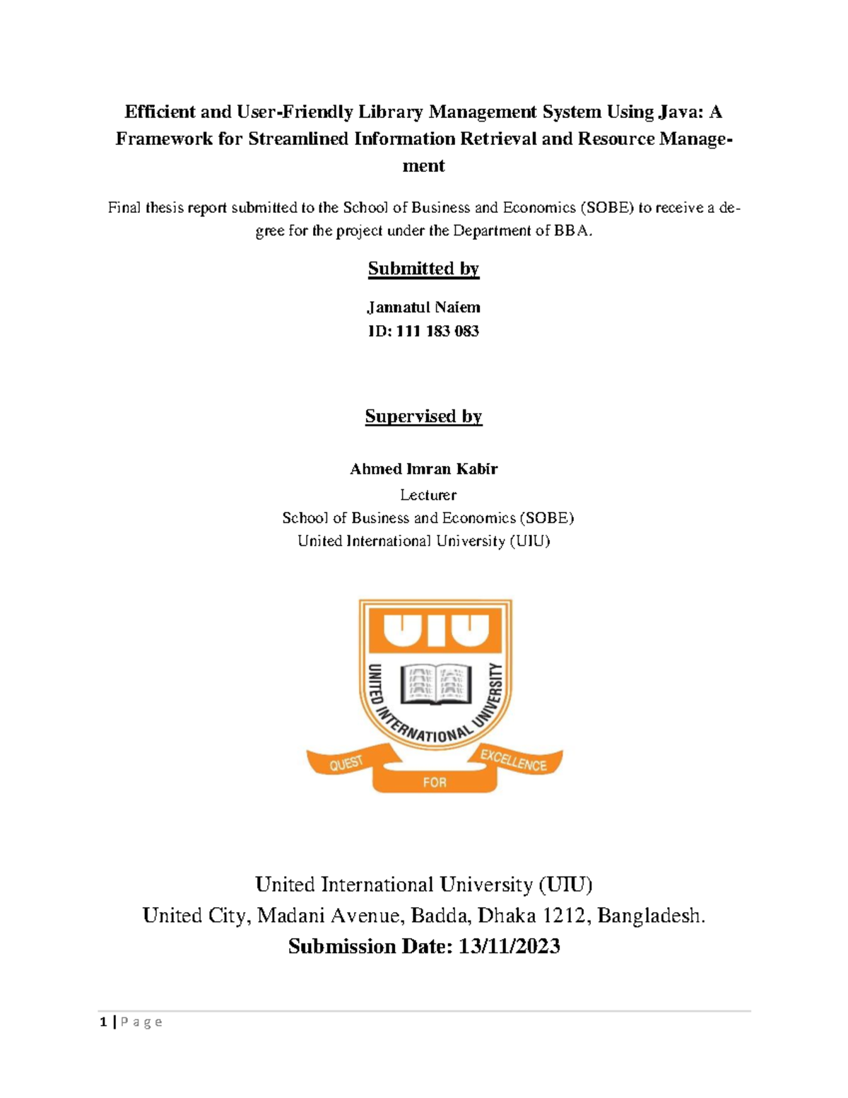 Efficient and User-Friendly Library Management System Using Java - Submitted by Jannatul Naiem ...