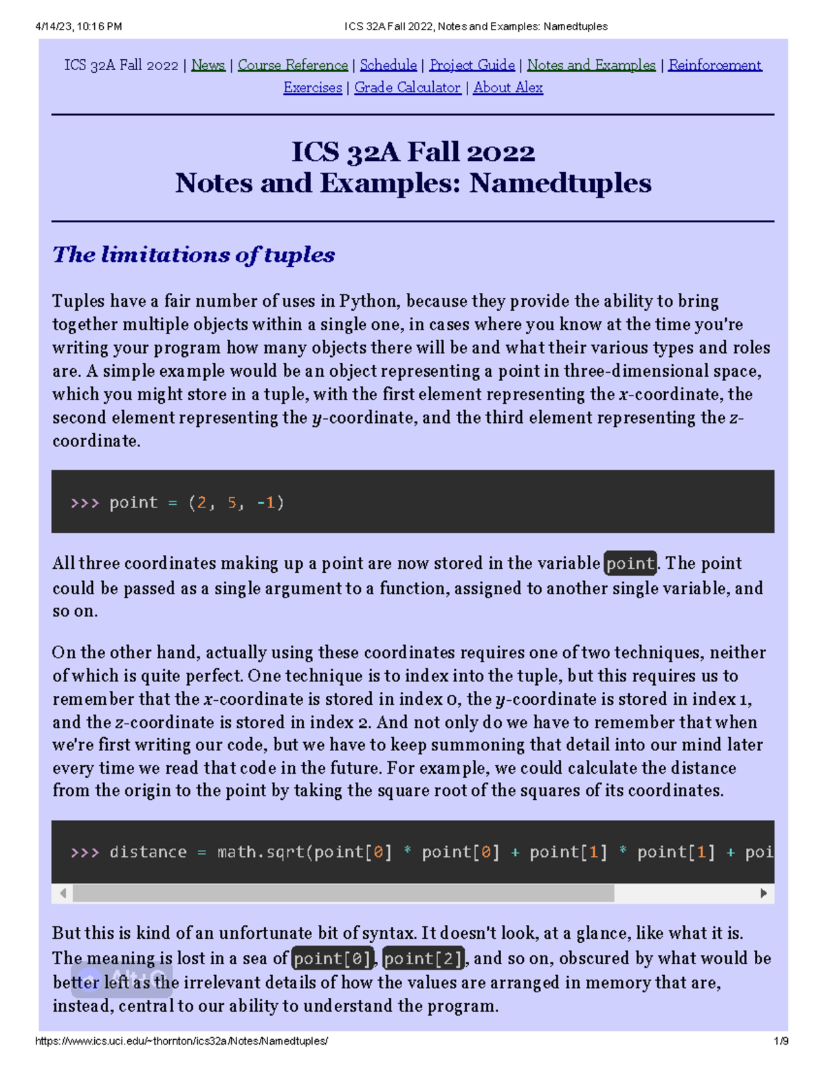 ICS 32A Fall 2022, Notes and Examples Namedtuples - ICS 32A Fall 2022 ...