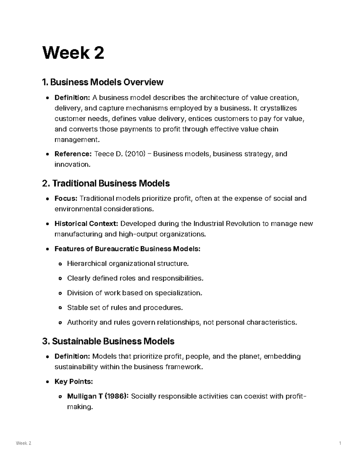 Week 2 notes - Week 2 1. Business Models Overview Definition: A ...