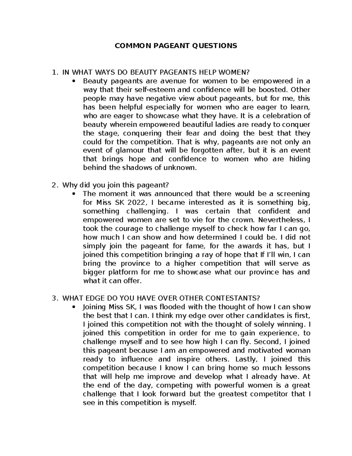 Common Pageant Questions - COMMON PAGEANT QUESTIONS 1. IN WHAT WAYS DO ...