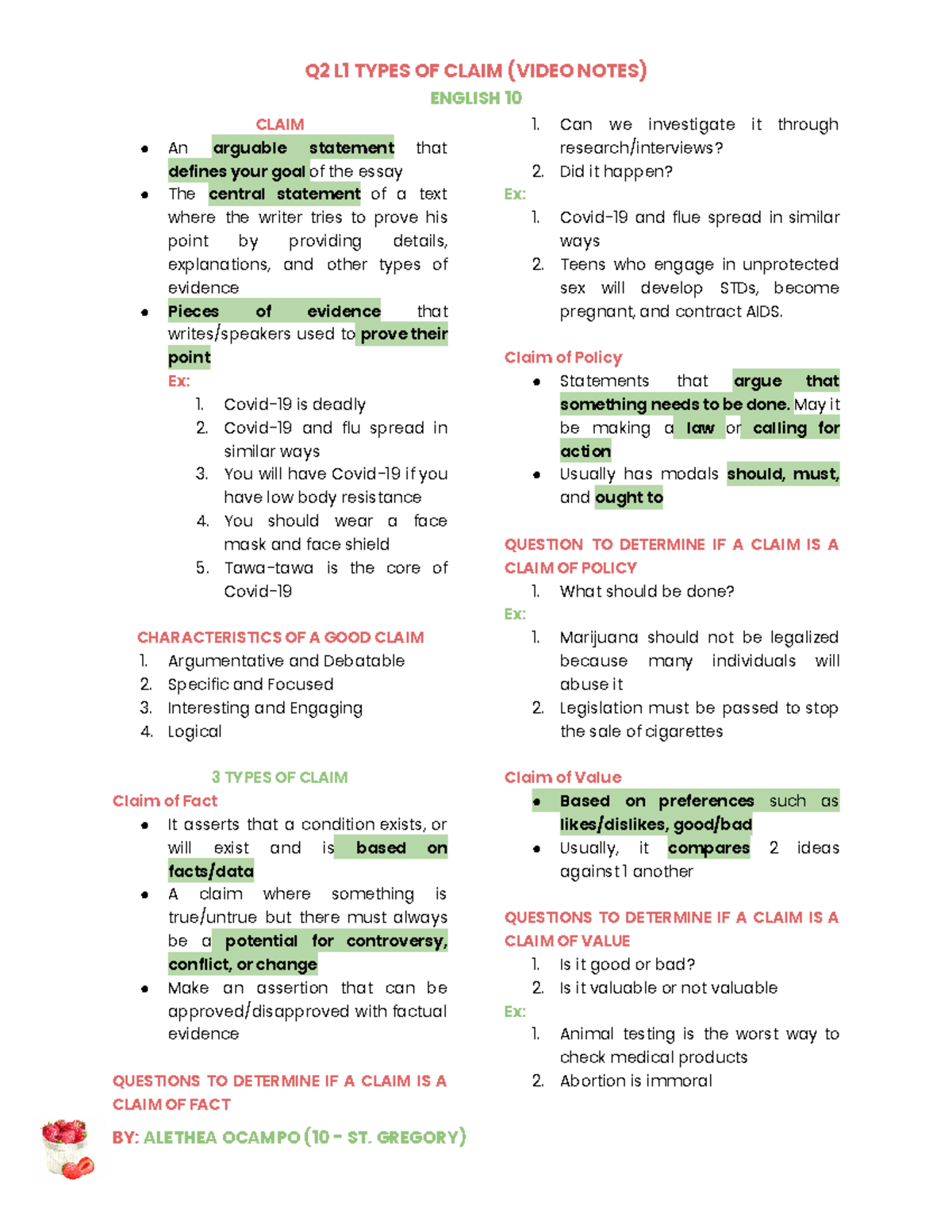 Q2 L1 Types OF Claim ( Video Notes) - Q2 L1 TYPES OF CLAIM (VIDEO NOTES ...