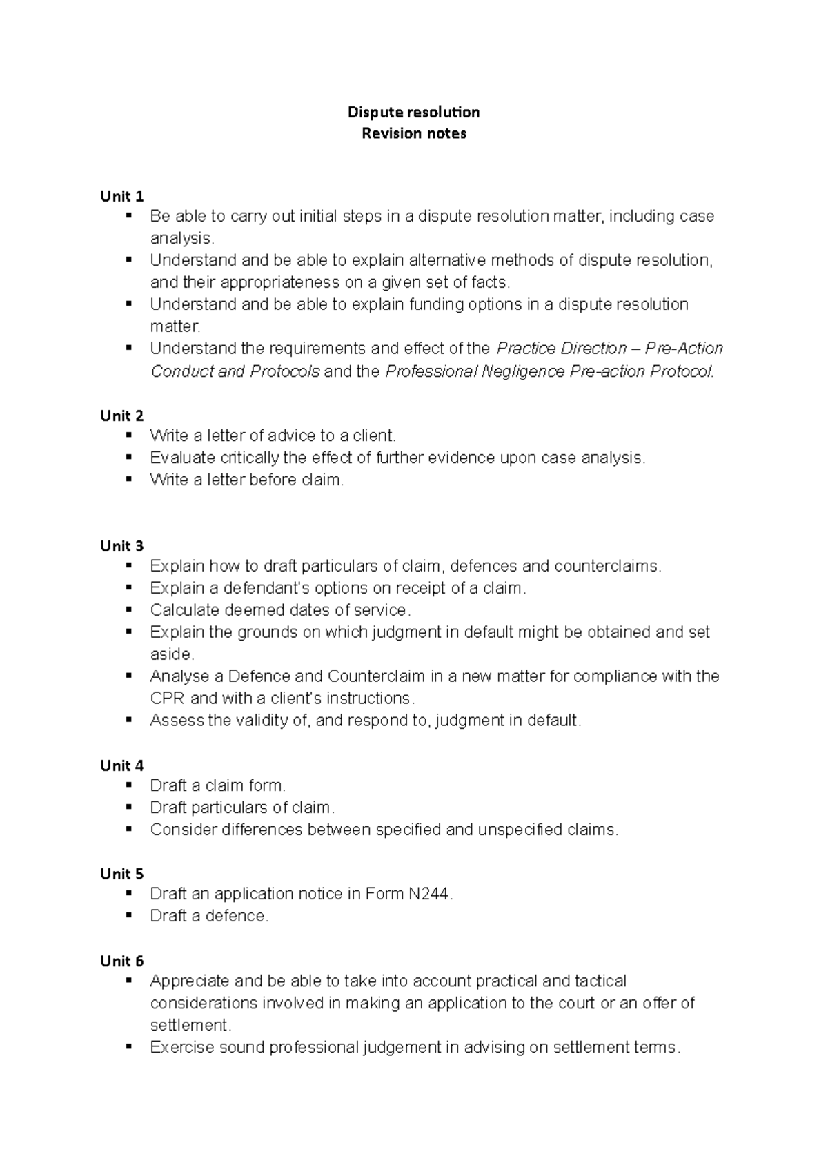 Dispute resolution course outcomes - Dispute resolution Revision notes ...