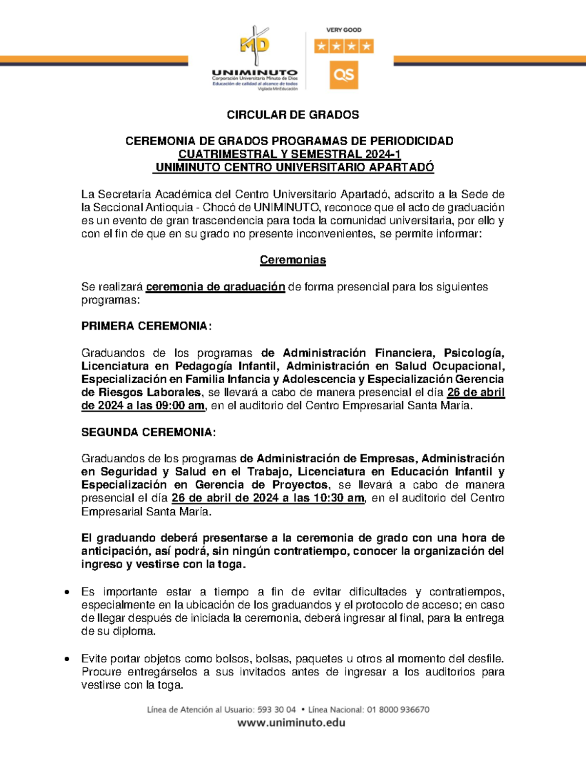 Nueva Circular Ceremonia de Grados - 26 de abril 2024 - CIRCULAR DE ...
