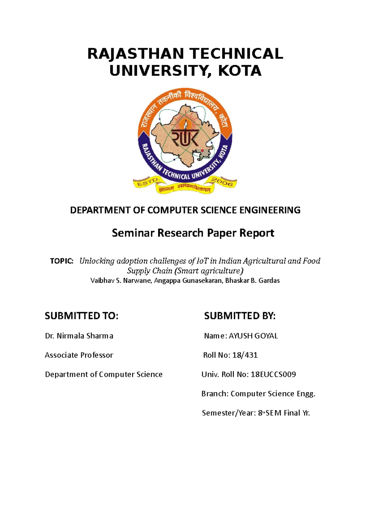 Seminar Report - RAJASTHAN TECHNICAL UNIVERSITY, KOTA DEPARTMENT OF ...