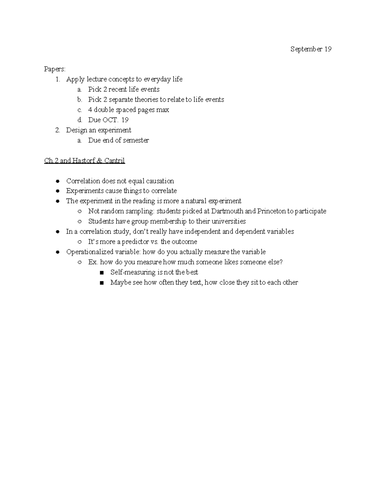 PSY252 Precept Notes - September 19 Papers: 1. Apply lecture concepts ...