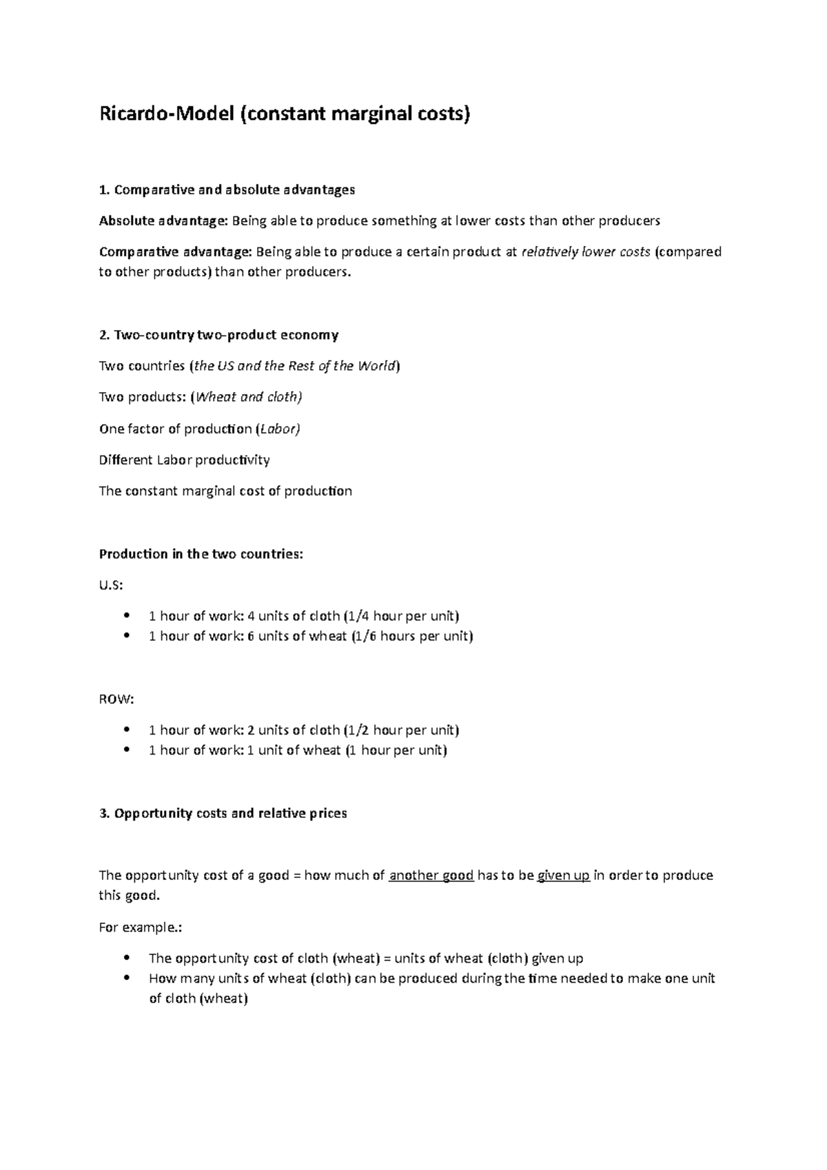 Week 2 - Ricardo model - Lectures Notes week 1 from the lectures course ...