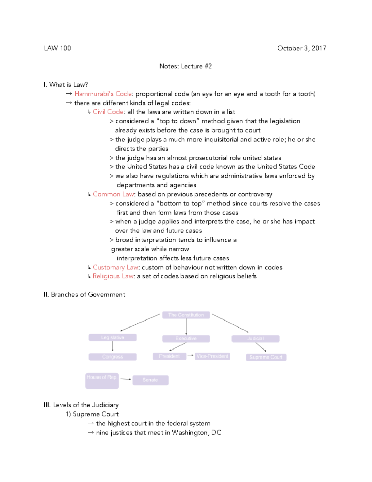 LAW 100 Lecture Notes - LAW 100 October 3, 2017 Notes: Lecture #2 I ...