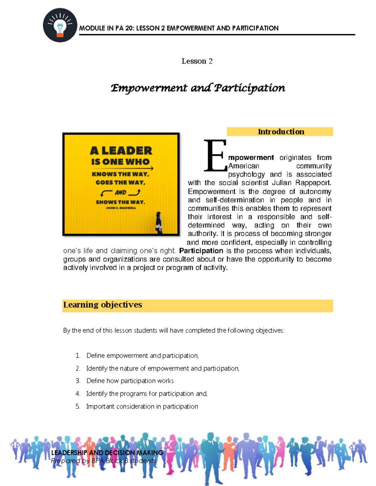 2 - Human Resource - LEADERSHIP AND DECISION MAKING Lesson 2 ...