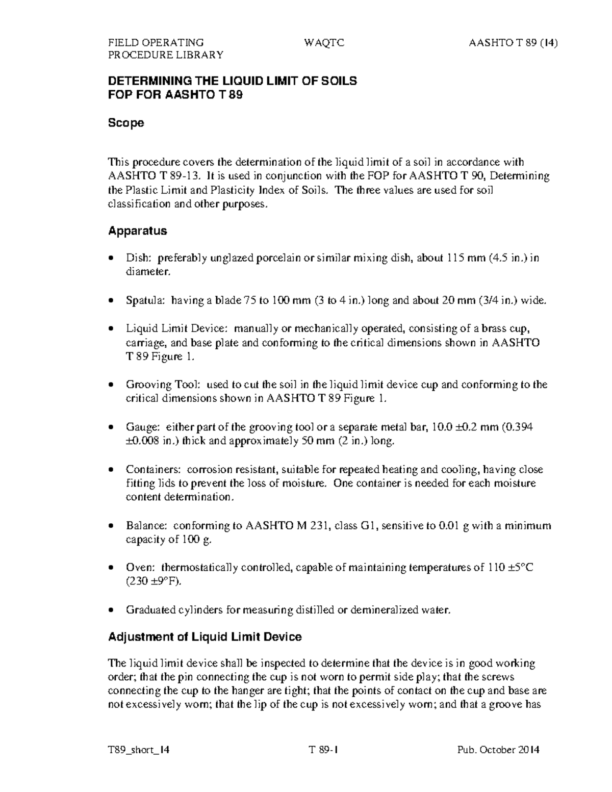 Aashto T89 - THE Liquid Limit OF Soils - PROCEDURE LIBRARY DETERMINING ...