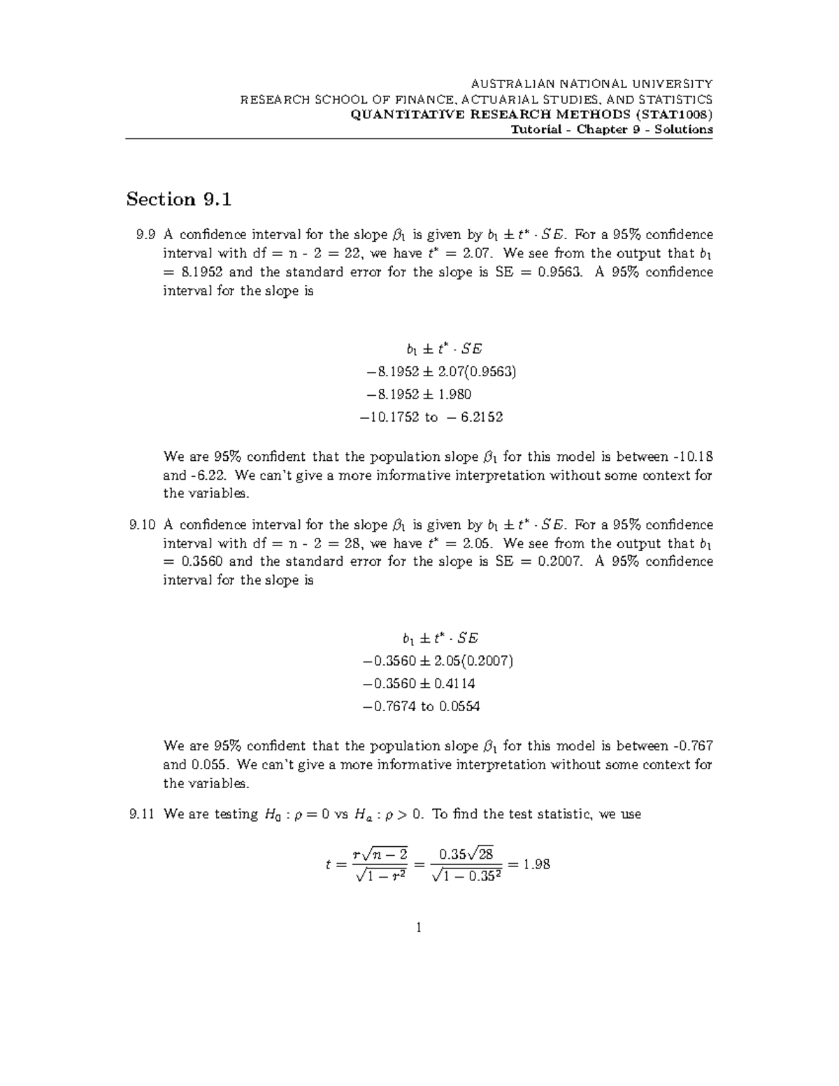 STAT1008 Tut Week 12 Ch9 Solns - AUSTRALIAN NATIONAL UNIVERSITY RESEARCH SCHOOL OF FINANCE ...