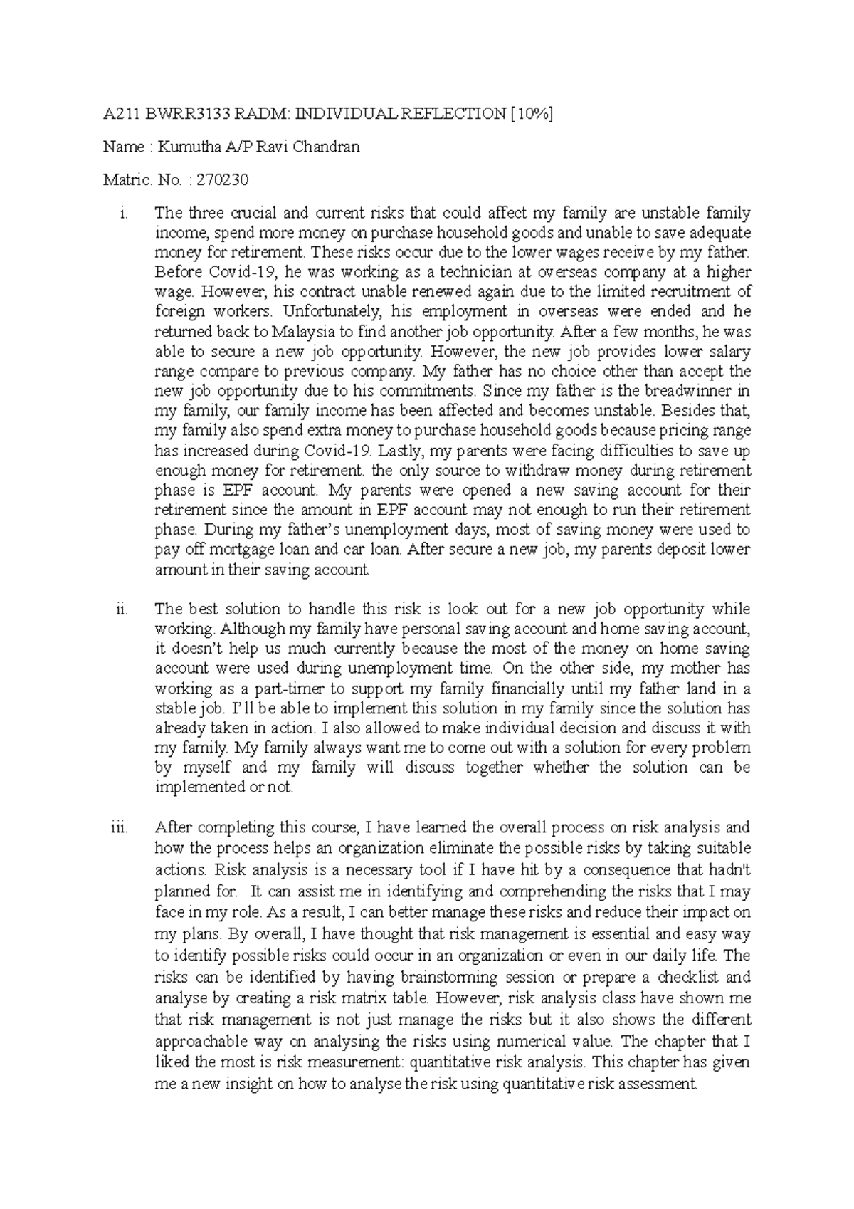 Individual reflection 10% - A211 BWRR3133 RADM: INDIVIDUAL REFLECTION ...