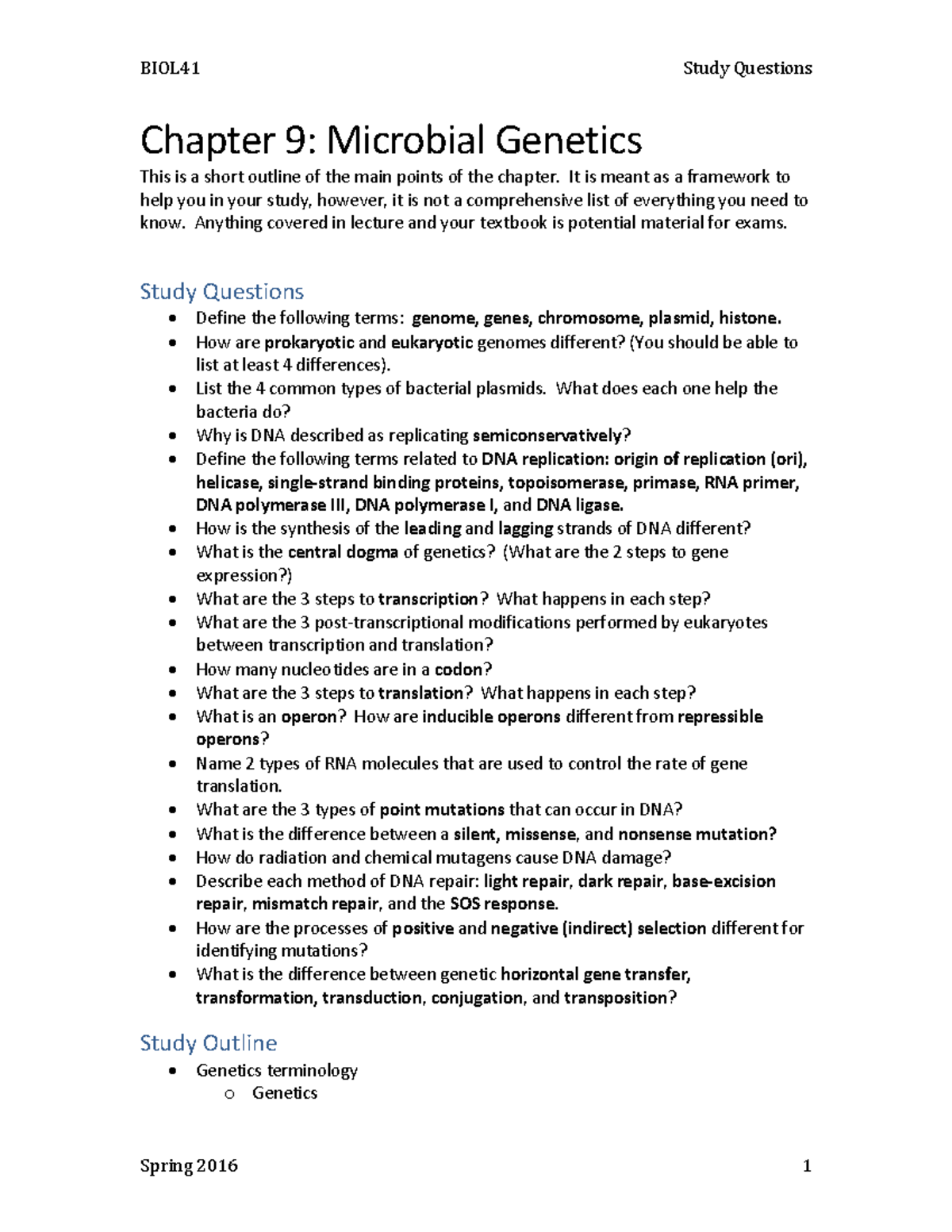 Study Guide Chapter 9 Microbial Genetics - BIOL41 Study Questions ...
