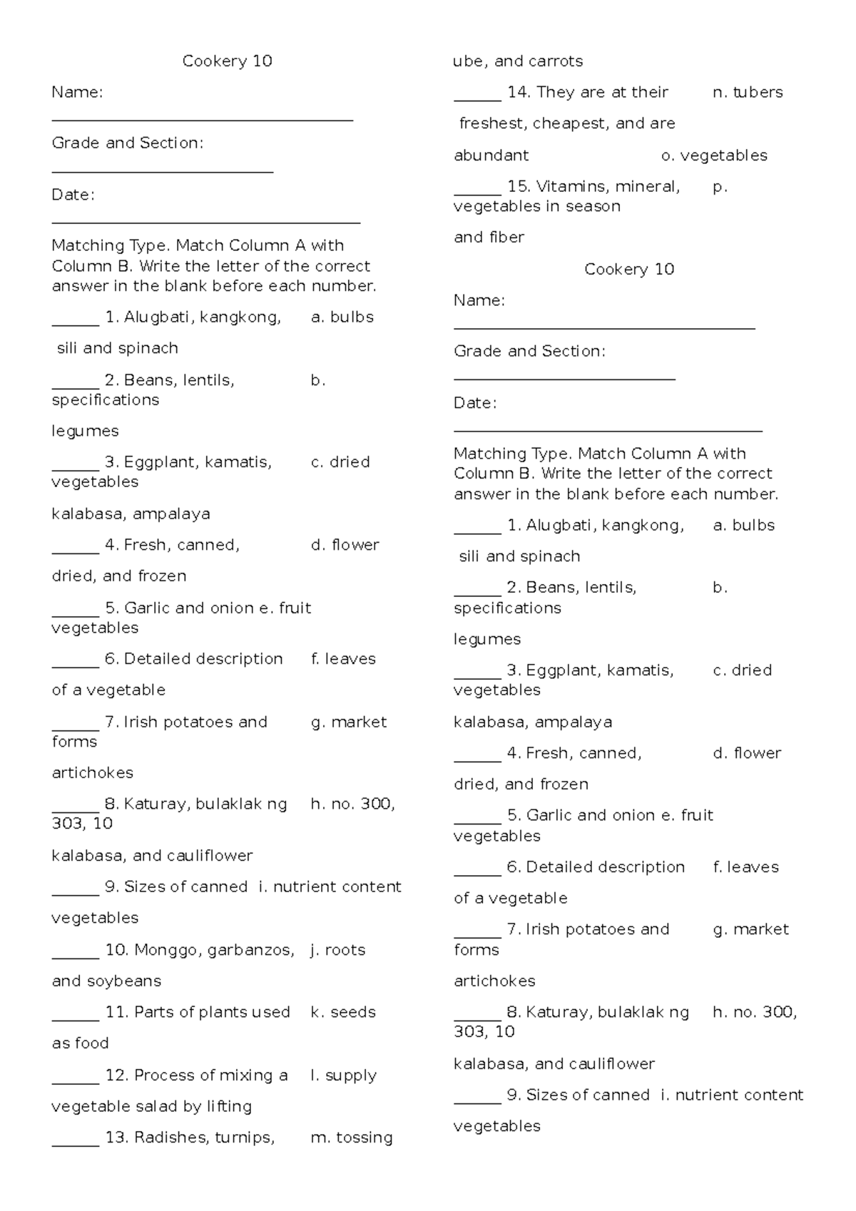 Cookery-10-quiz - Make you're students be more competitive. - Cookery ...