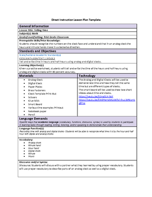 TASK 2 Lesson Plan - Direct Instruction Lesson Plan Template General ...
