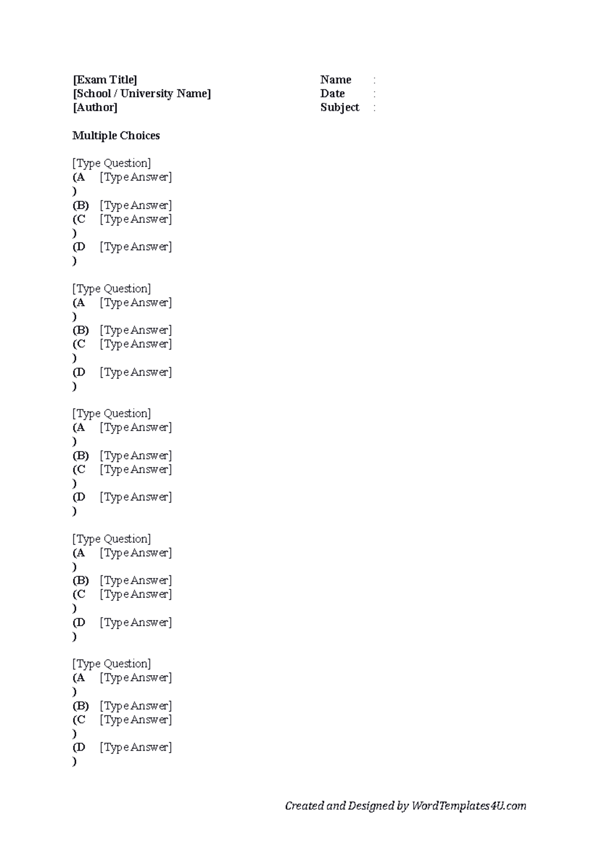 Multiplechoiceexamsheet - [Exam Title] Name : [School / University Name ...