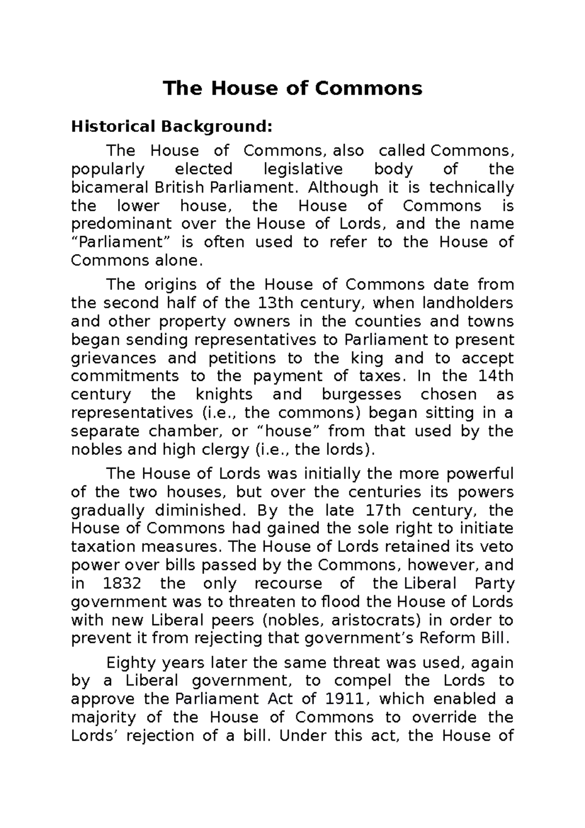 Lecture Notes - The House of Commons - The House of Commons Historical ...
