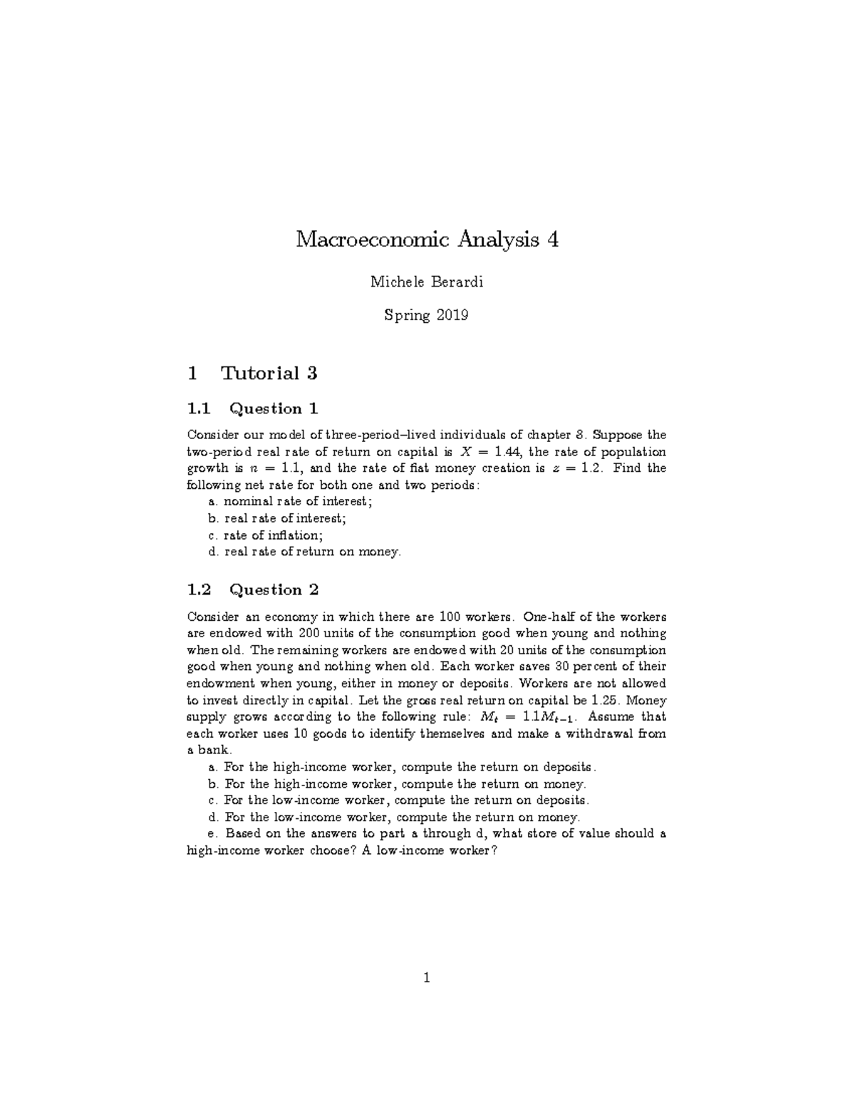 2020tutorial 3 With Answers Macroeconomic Analysis 4 Michele Berardi Spring 2019 1 Tutorial 3