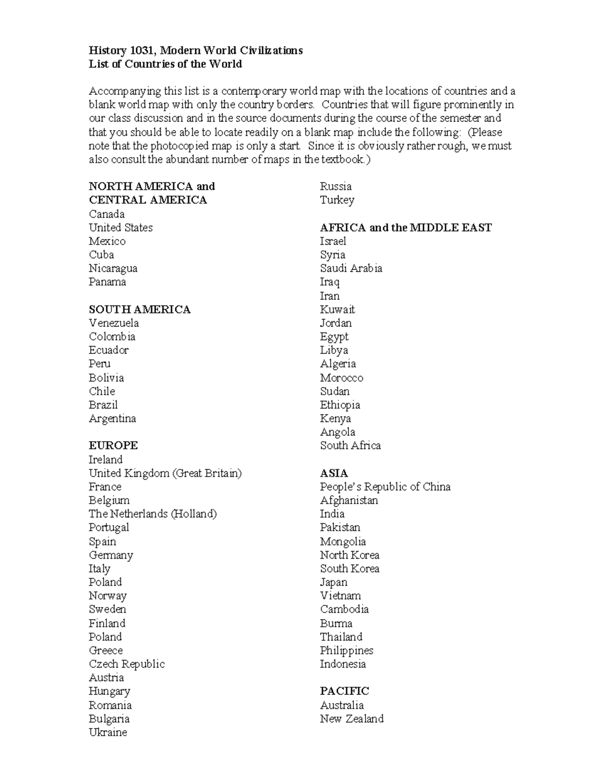 Map Countries List (handout) - History 1031, Modern World Civilizations ...