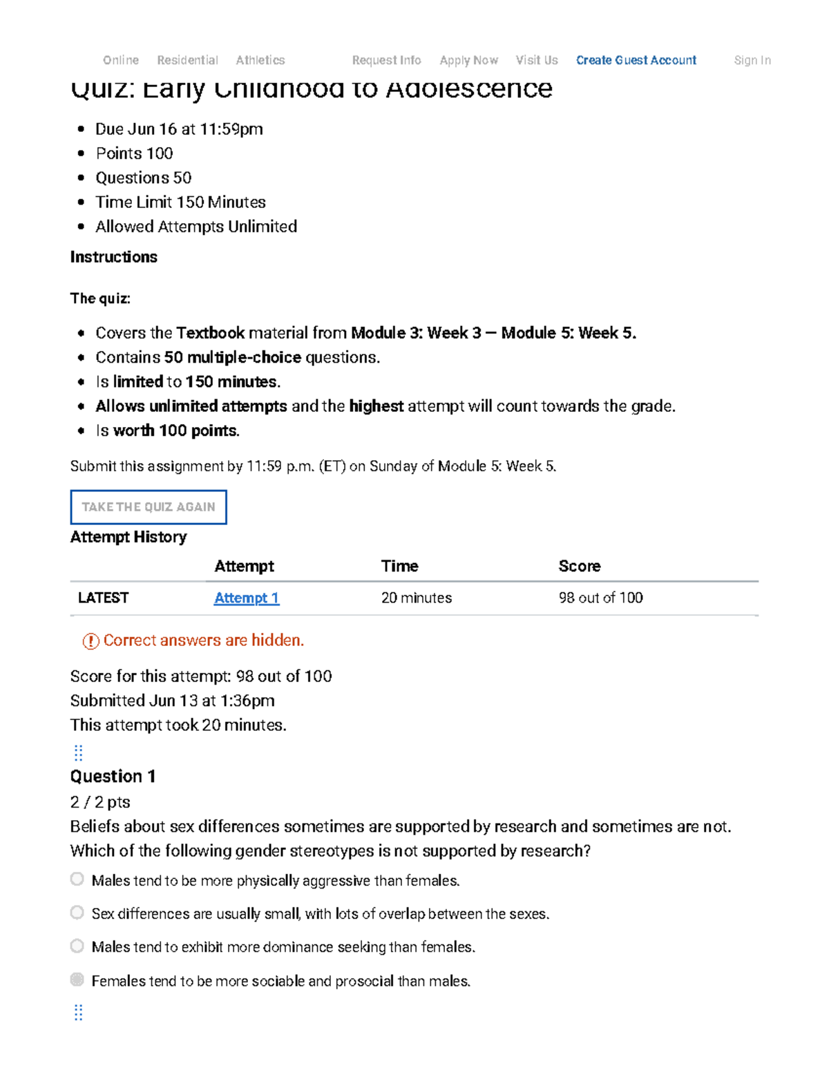 Quiz Early Childhood to Adolescence HSCO502 Human Growth and ...