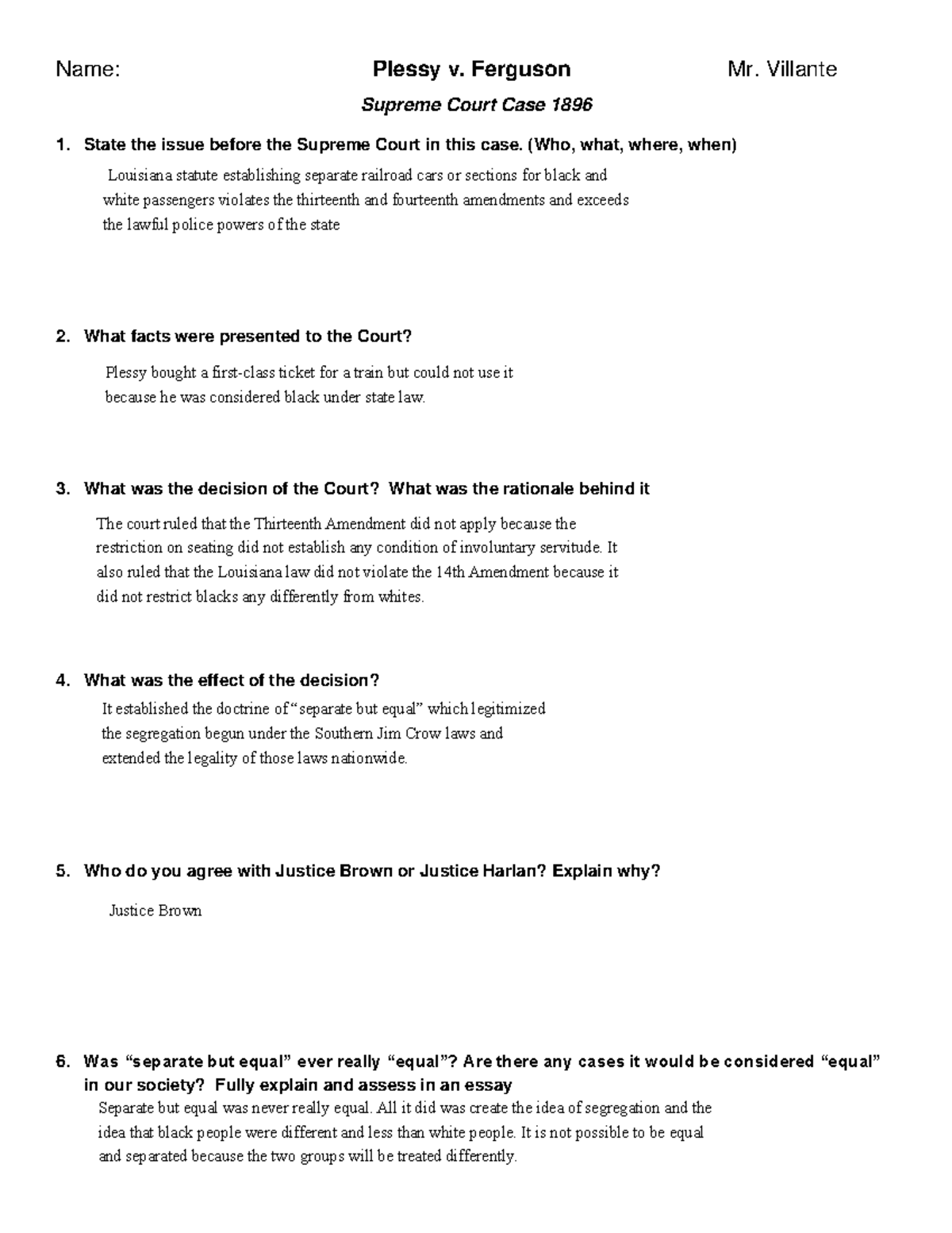 Plessy v. Ferguson questions - Name: Plessy v. Ferguson Mr. Villante ...