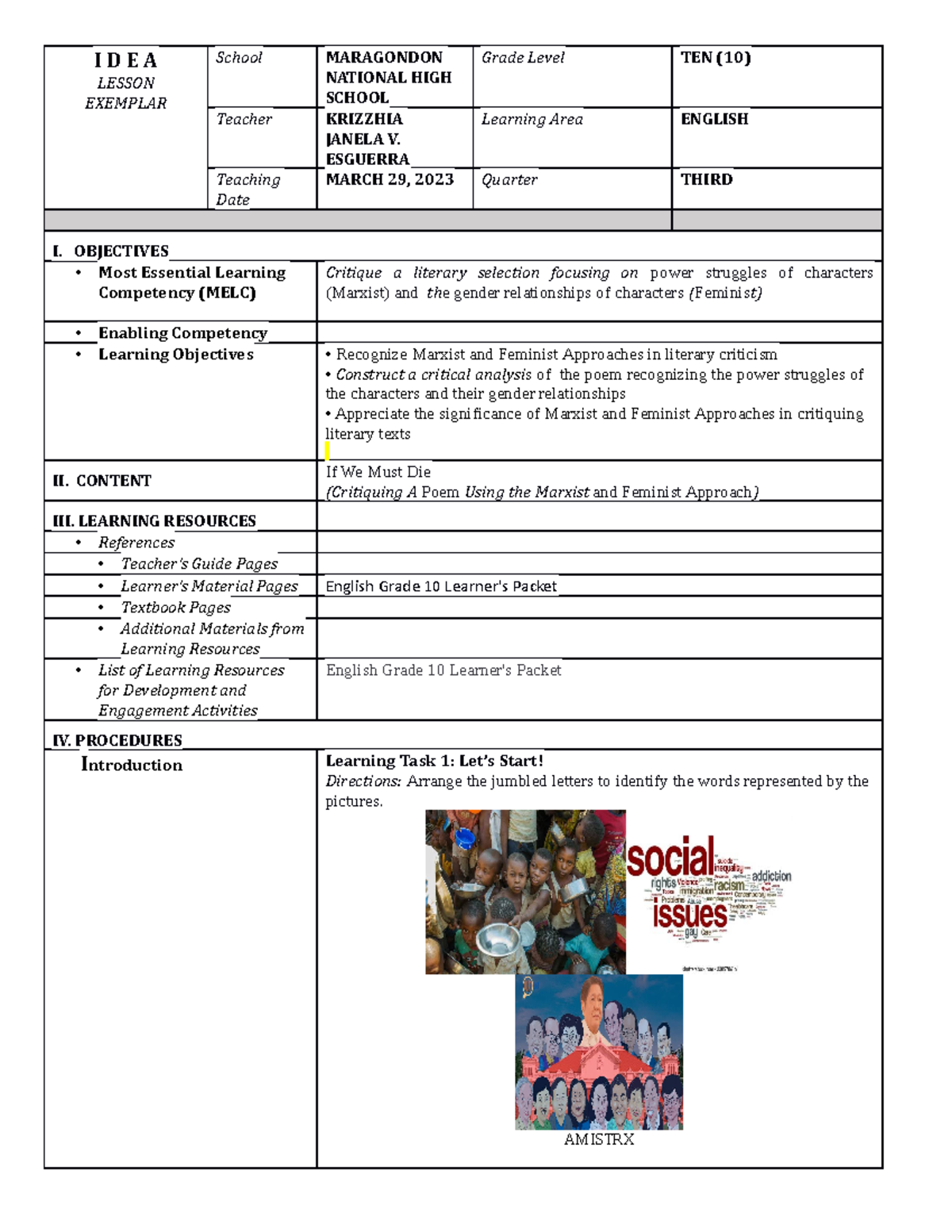 Lesson exemplar - I D E A LESSON EXEMPLAR School MARAGONDON NATIONAL ...