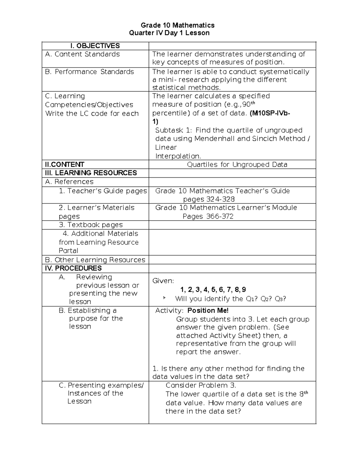 LPD1 Final - Quarter IV Day 1 Lesson Plan I. OBJECTIVES A. Content ...