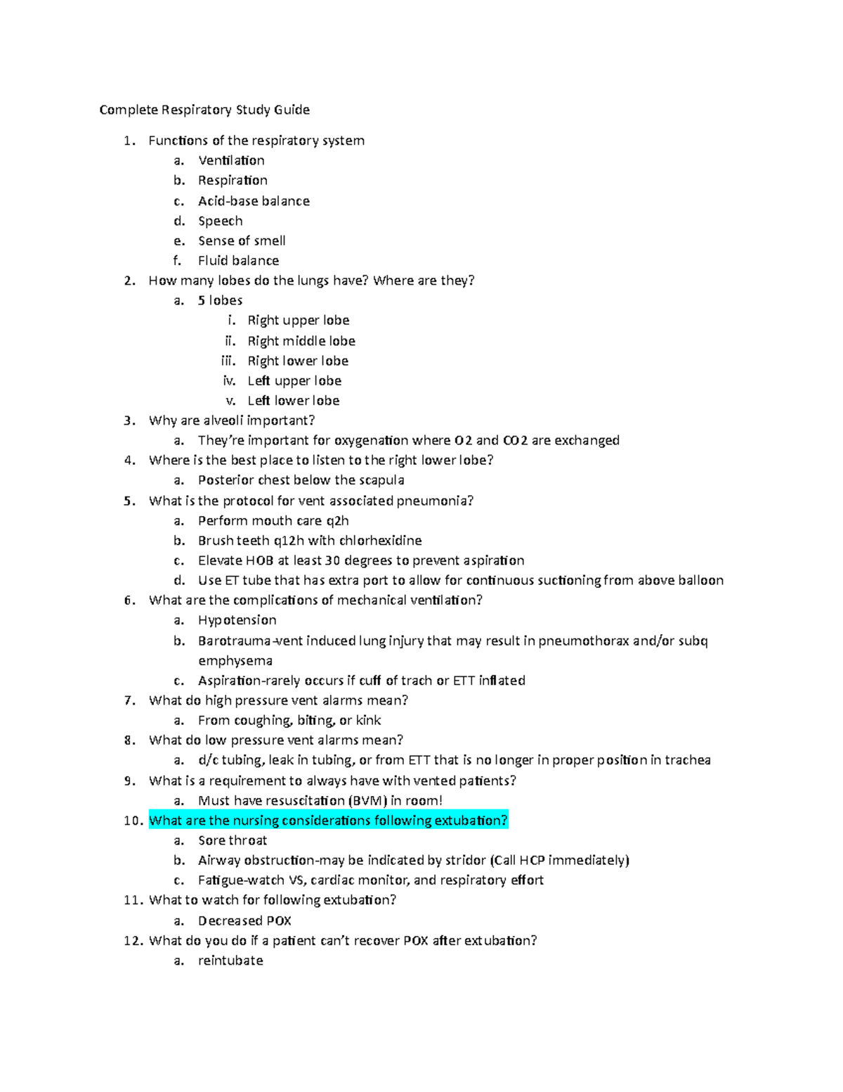 Respiratory Study Guide - Complete Respiratory Study Guide Functions of ...