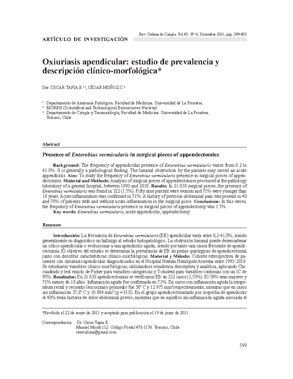 Oxiuriasis - MAPA - Oxiuriasis apendicular: estudio de prevalencia y ...