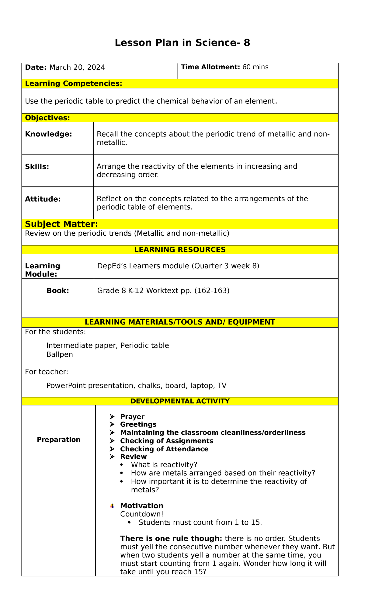 Review LP for periodic trends - Lesson Plan in Science- 8 Date: March ...