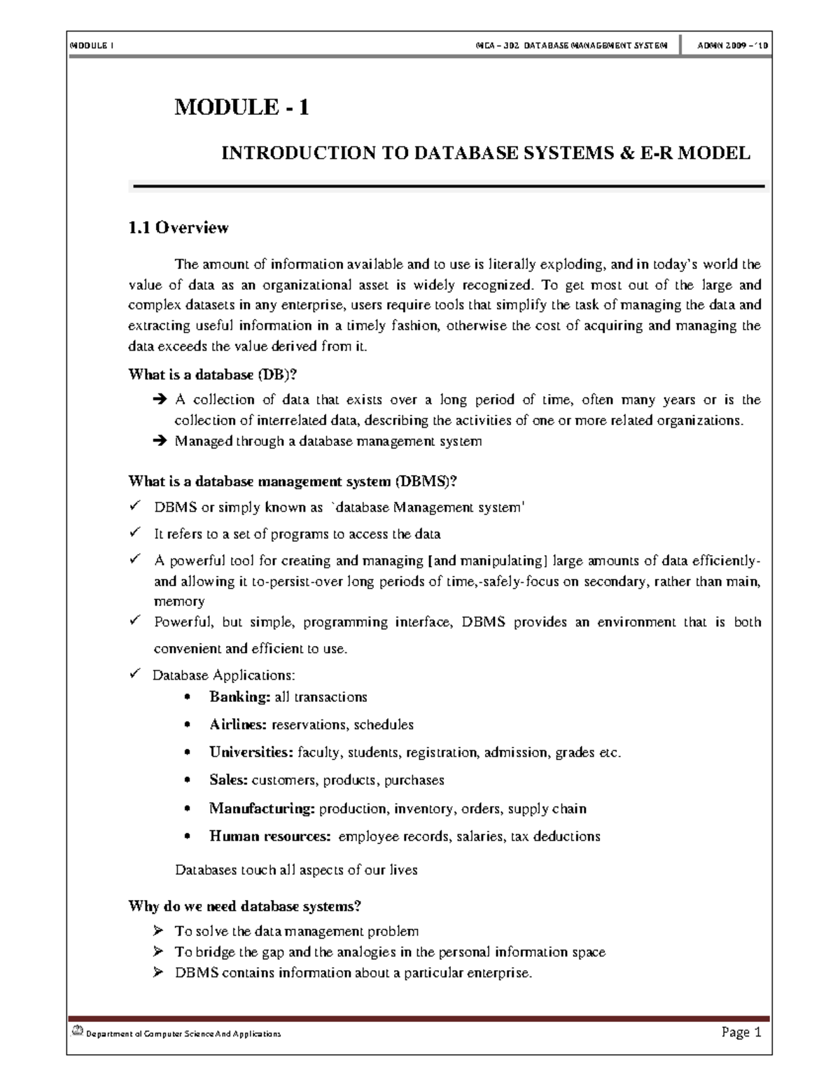 Module 1 - MODULE - 1 INTRODUCTION TO DATABASE SYSTEMS & E-R MODEL 1 ...