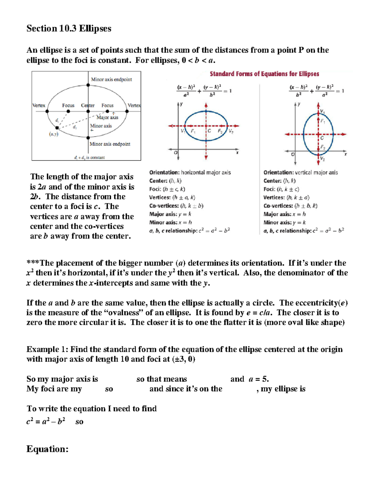 Notes 10 Conic Sections Section 10 Ellipses An Ellipse Is A Set Of Points Such That The Sum