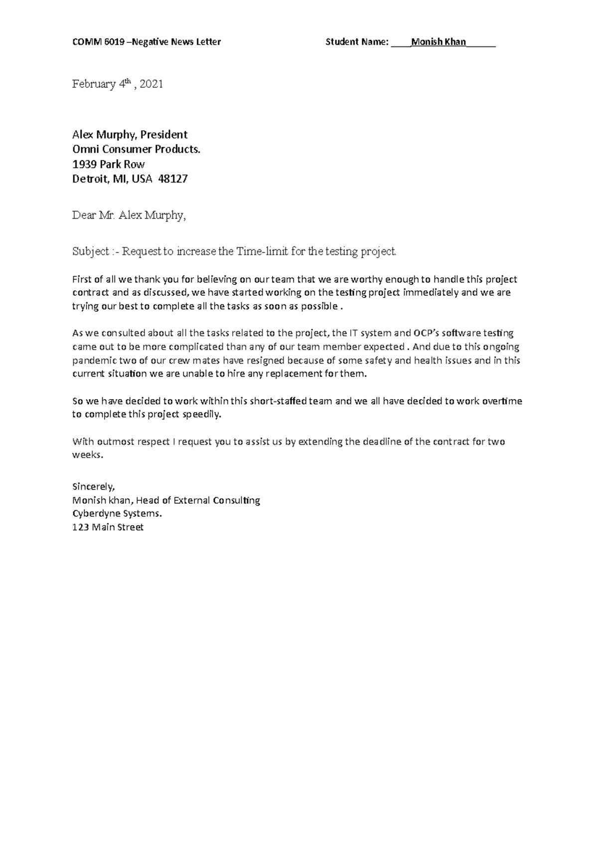 SST3 assignment COMM-19 Monish Khan - COMM 6019 –Negative News Letter ...