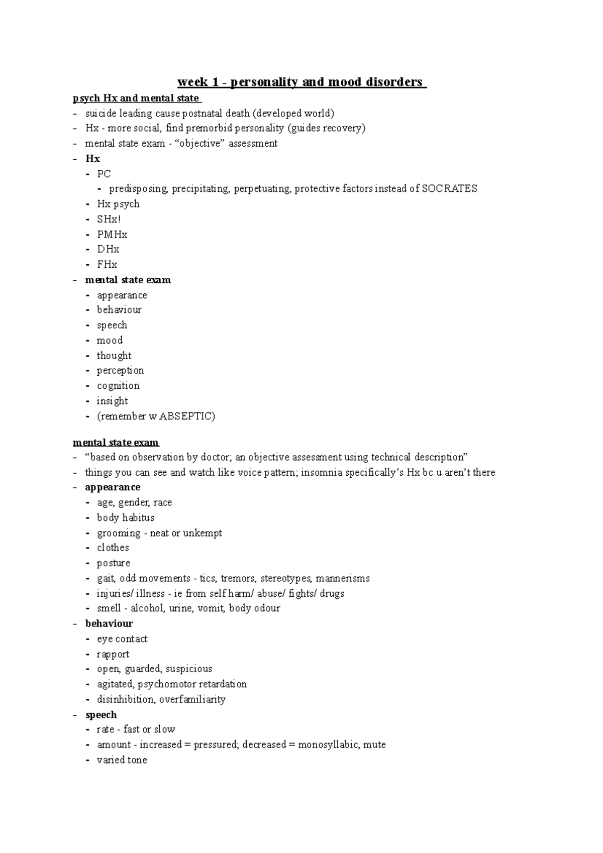 Psych Wk1 - week 1 - personality and mood disorders psych Hx and mental ...