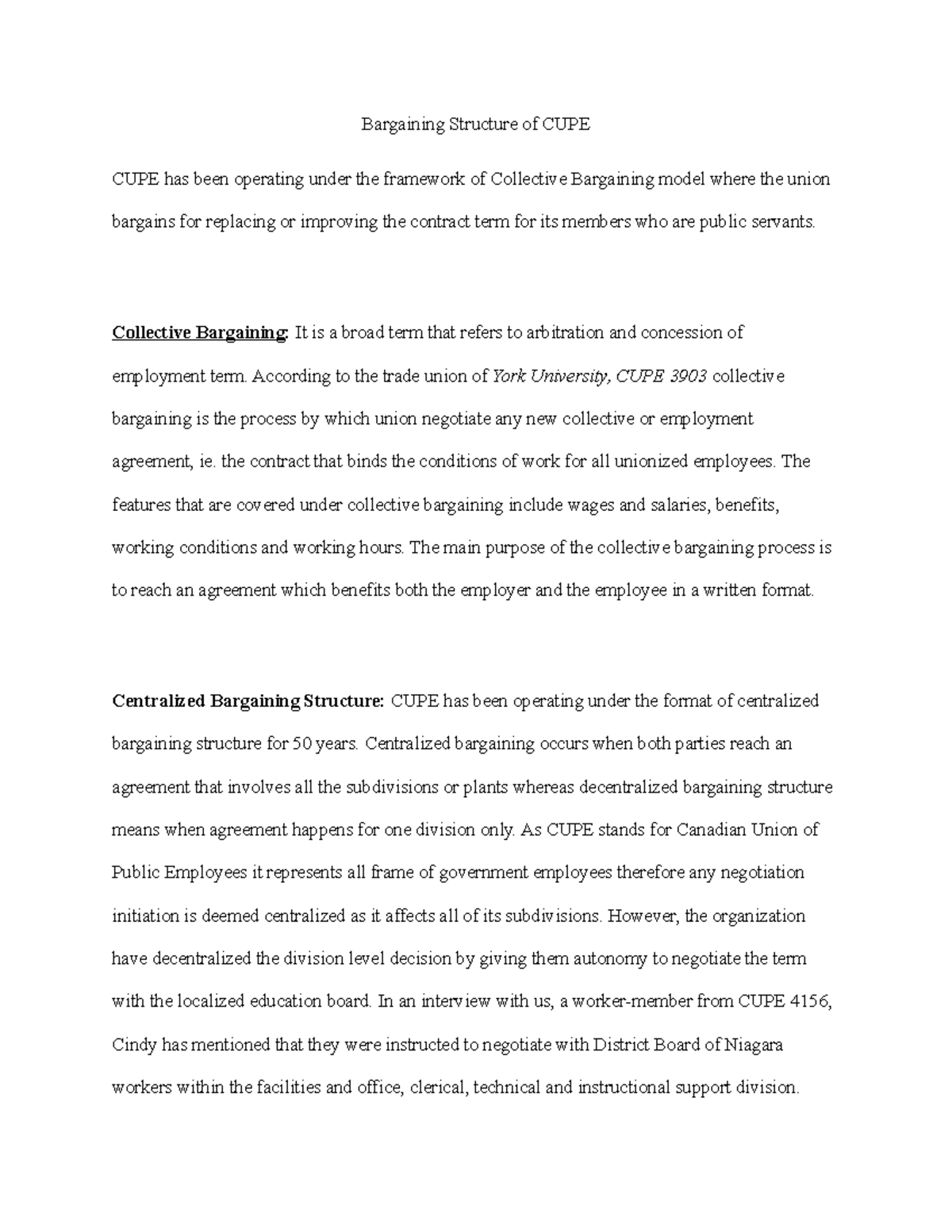 IR-MA1-bargaining structure - Bargaining Structure of CUPE CUPE has ...