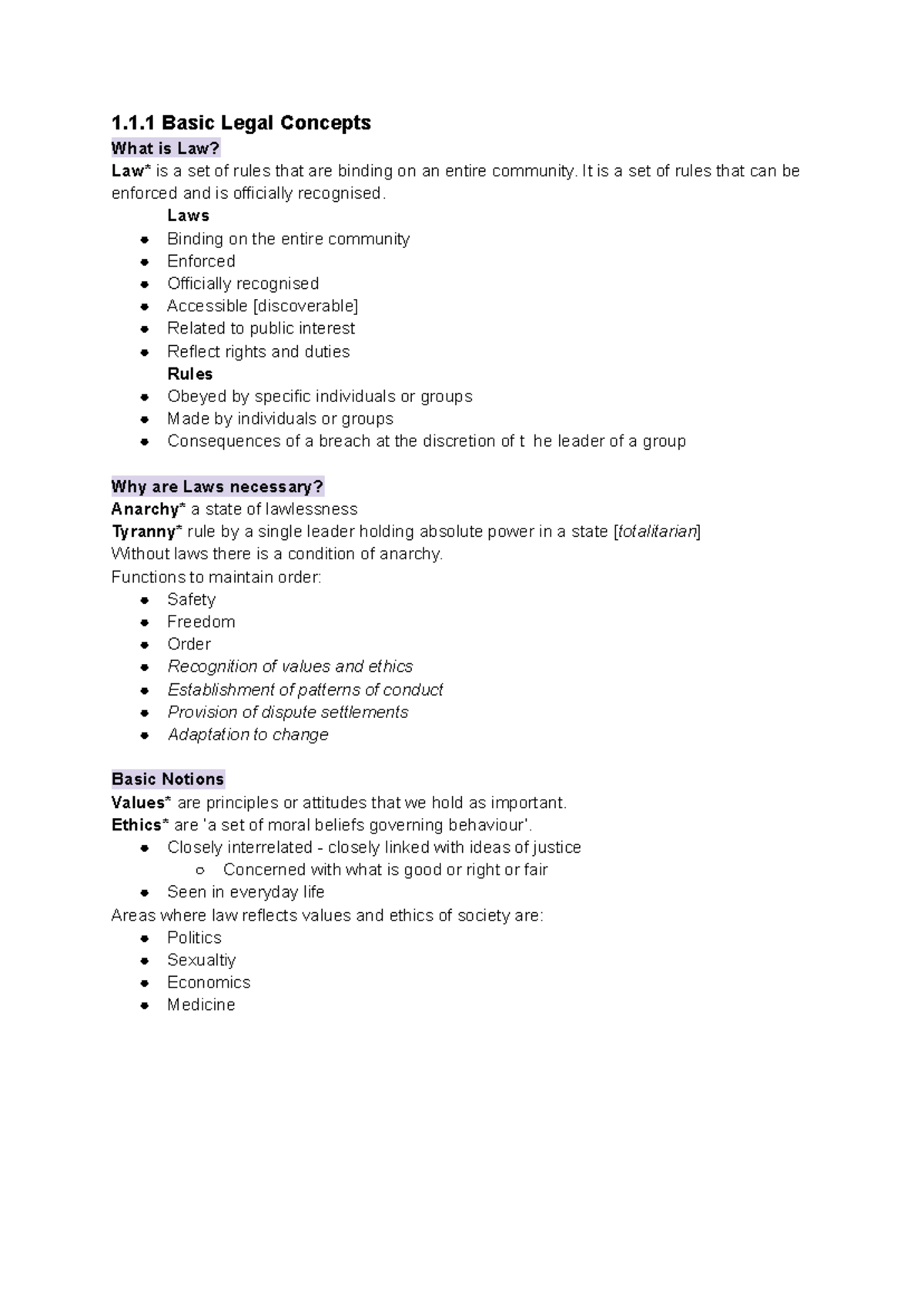 Legal Studies Prelim Revision Doc - 1.1 Basic Legal Concepts What is ...