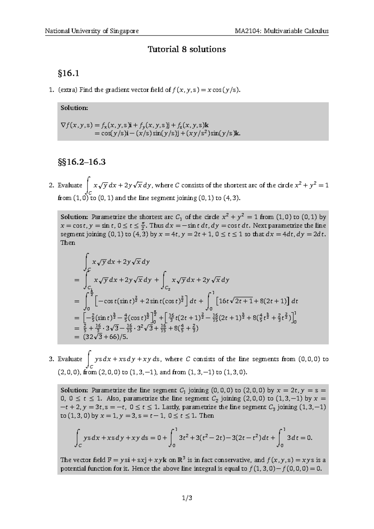 Tutorial 8 sol - National University of Singapore MA2104: Multivariable Calculus Tutorial 8 ...