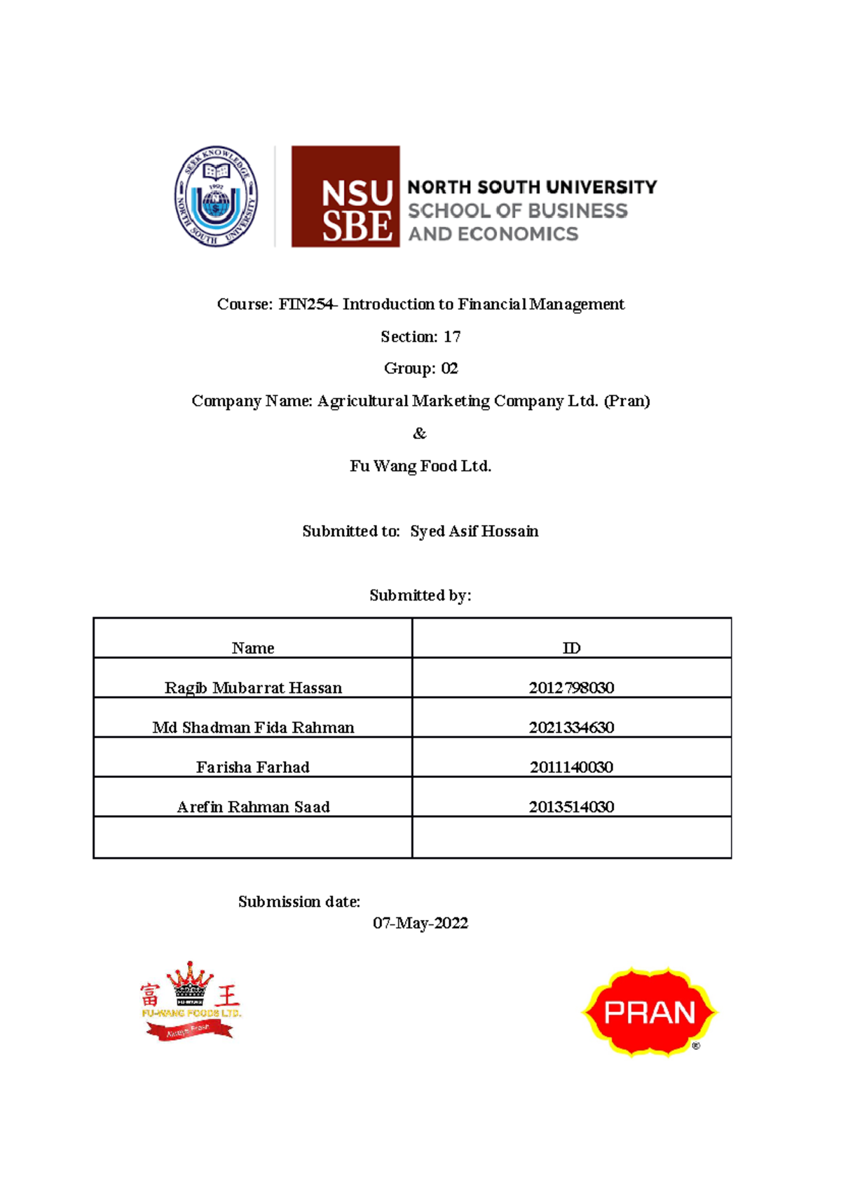 FIN254 Final Report FU WANG AND PRAN - Course: FIN254- Introduction to ...