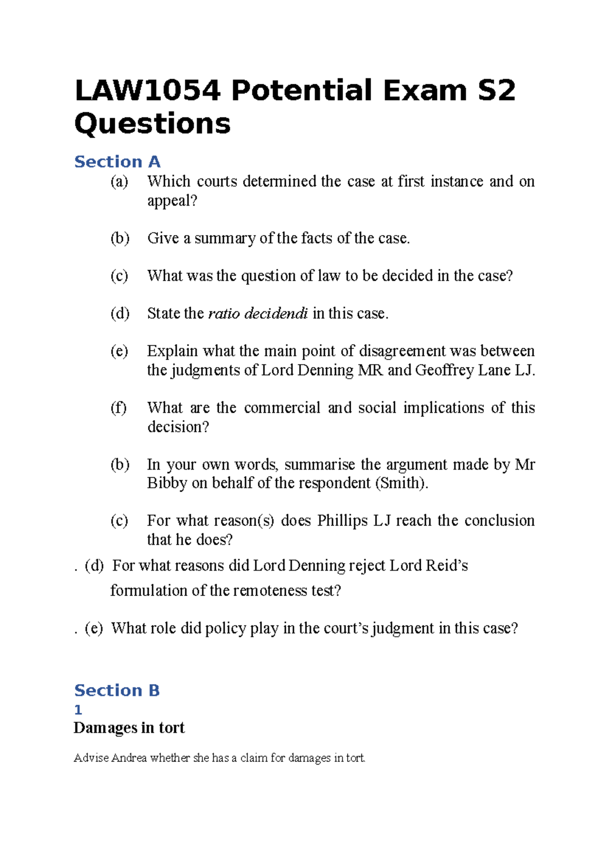 Exam May 2018 Questions LAW1054 Potential Exam S2 Questions Section