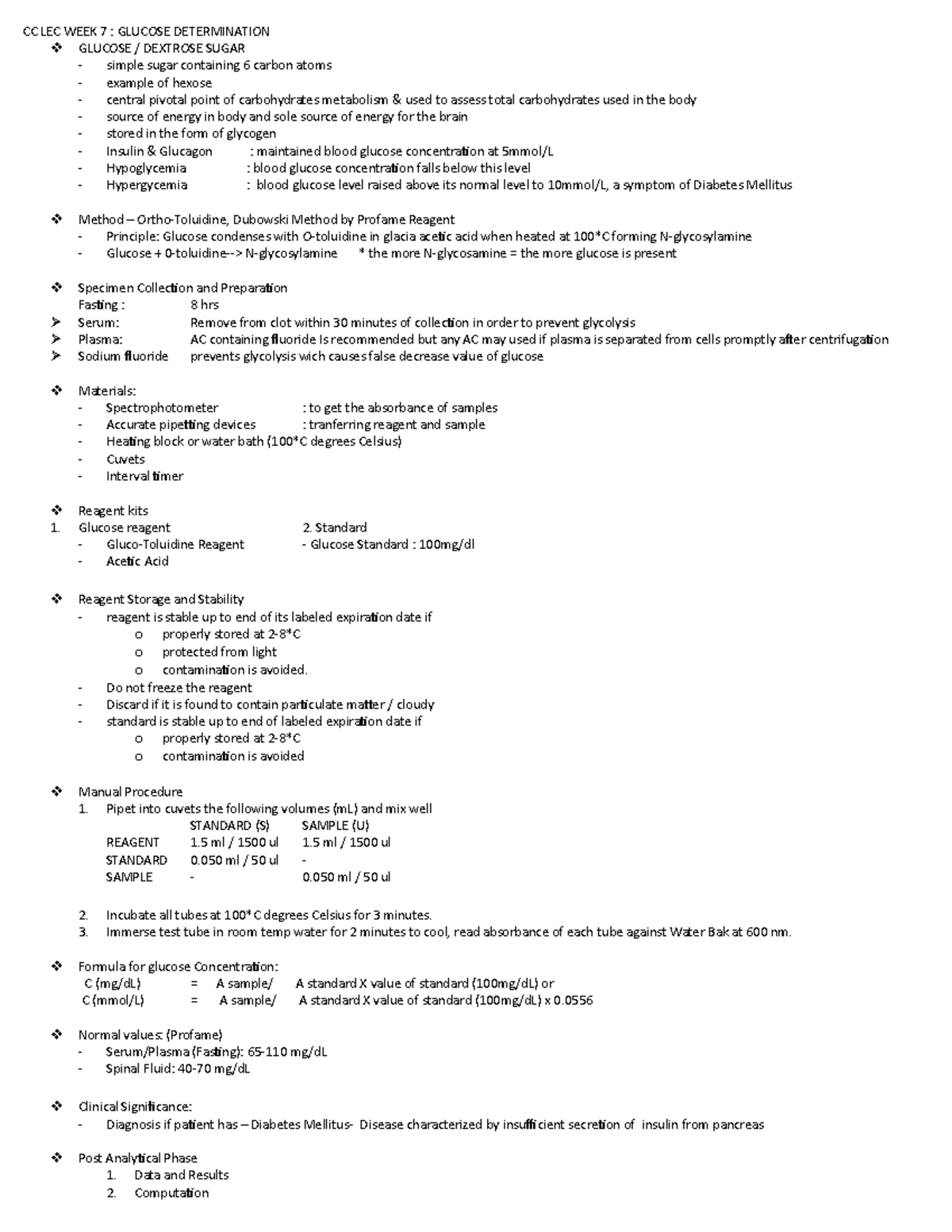 CC LAB WEEK 7 - Clinical chemistry - CC LEC WEEK 7 : GLUCOSE ...